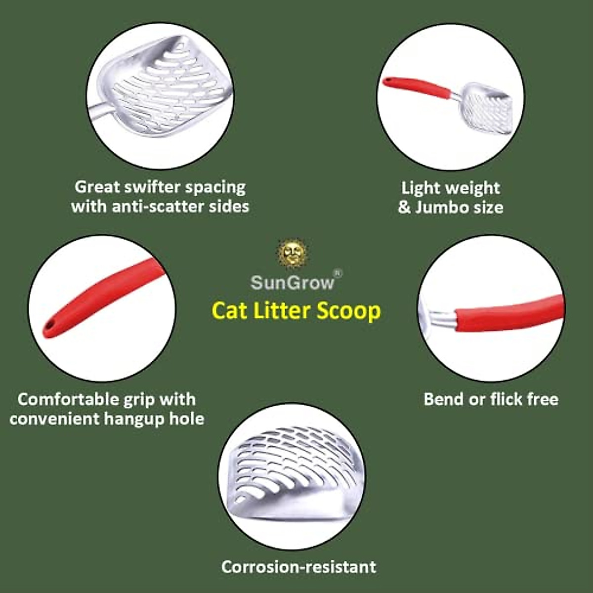 SunGrow Rabbit, Ferret & Cat Litter Scoop, Aluminum Pet Poop Shovel with Rubber Red Handle, Large Party Ice Scooper