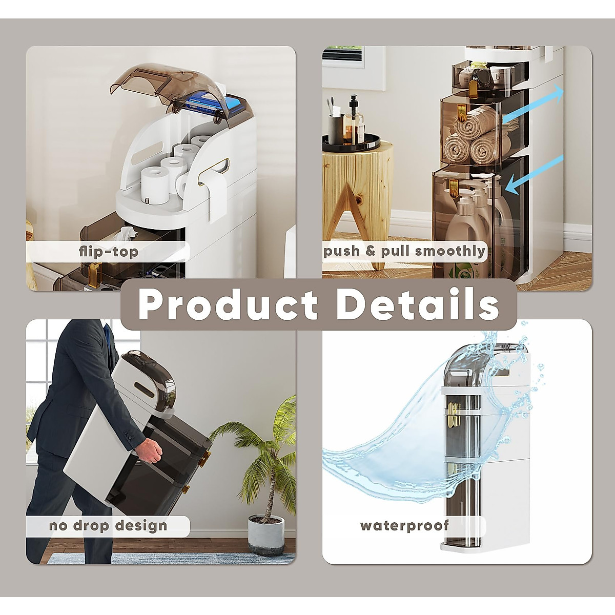 tonchean 3 Tiers Slim Bathroom Storage Cabinet,Already Assembled Waterproof Narrow Bathroom Toilet Organizer Mobile Slim Storage Cart with Wheels Clear Drawers for Small Space Gap Corner