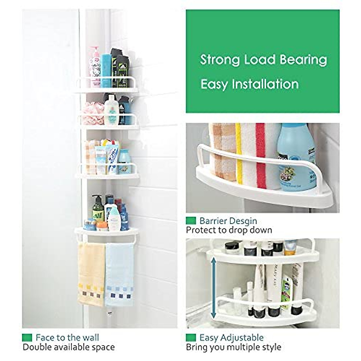 H&A Tension Shower Caddy Pole, Bathroom Corner Shower Rack, Stainless Steel Pole and Rustproof-White