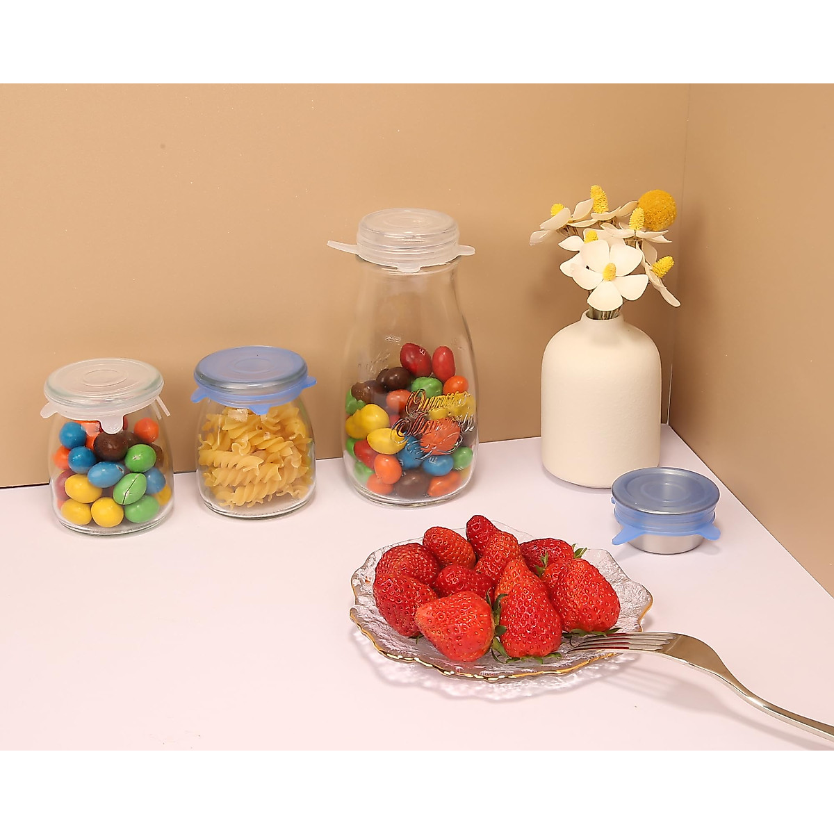 WhisprWield Extra Small Silicone Stretch Lids 2 Inch 6PCS Resuable Jar Cover Fit 2 to 2.3 Inch Containers,BPA Free, Leakproof, Microwave&Freezer Safe,Blue Clear, bwlid1