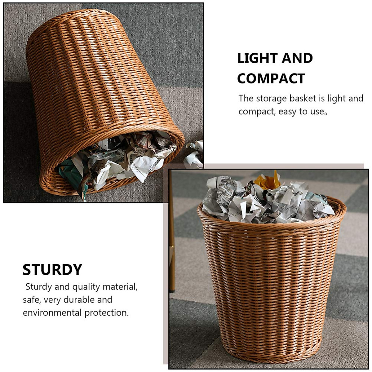 BESPORTBLE Household Wastebasket Storage Basket Artificial Rattan Trash Can, Wooden Storage Bin, Household Trash Basket, Suitable for Kitchen, Living Room, Bedroom Wicker Storage Basket