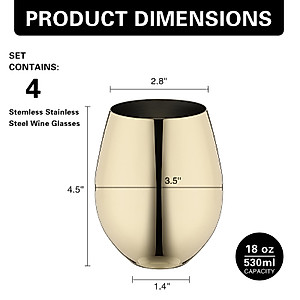 WOTOR Gold Wine Glasses Set of 4, 18oz Unbreakable Gold Goblet, Stemless Stainless Steel Wine Glass, Metal Wine Glass for Outdoor, Travel, Camping, Pool, Ideal Gift for Wine Lovers