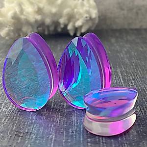 Mystic Metals Body Jewelry Pair of Purple Faceted Iridescent Glass Teardrop Double Flare Plugs (PG-589) (5/8" (16mm))