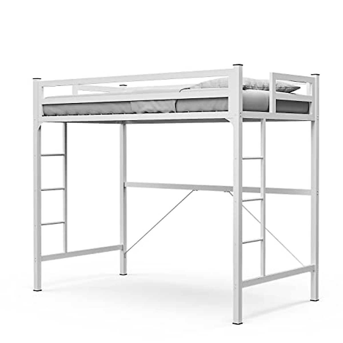 IKIFLY Junior Metal Twin Loft Bed Frame/Two Build-in Ladders & Safety Guard Rail - for Adults/Teens - Easy Assembly, Space-Saving Design - White