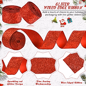 Yinder 4 Roll 40 Yards Christmas Metallic Wired Ribbon - Thick, Glitter, Tree & Gift Wrapping Ribbon for DIY Crafts & Xmas Party Decorations (Red, 2.5 Inch)