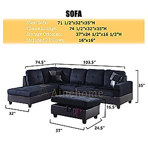 A Ainehome L Shape Sectional Sofa 104" Wide Living Room Furniture Set 3-Seat Sofa with Chaise Lounge and Storage Ottoman for Home Decor Apartment Office (Left Hand Facing, Midnight Blue)