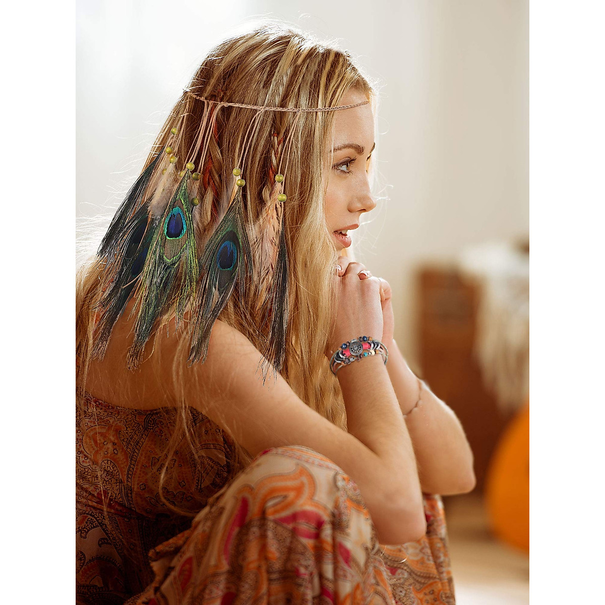 Hicarer 5 Pieces Indian Native American Jewelry Set Includes Feather Headdress Faux Peacock Feather Hair Band Boho Dream Catcher Dangle Earrings Choker Necklace Bracelet for Women Catcher Tassel