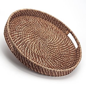 Round Rattan Woven Serving Tray with Handles Ottoman Tray for Breakfast, Drinks, Snacks for Coffee Table, Home Decorative (Honey Brown, 13.8"x2")
