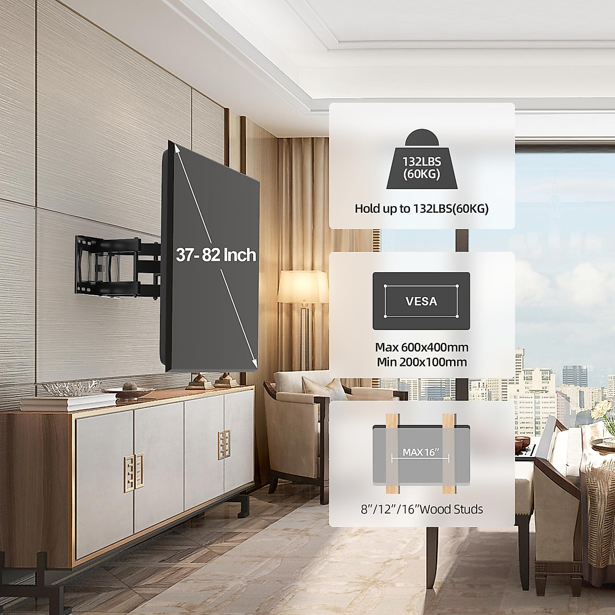 USX MOUNT Full Motion TV Mount for Most 37-82 Inch TV up to 132lbs, TV Wall Mount Articulating with Swivel, Tilt & Extension, Wall Mounts TV Bracket for VESA 600x400mm 400x300mm, 8-16" Wood Studs