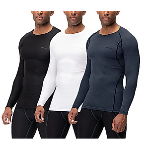 DEVOPS 3 Pack Men's UPF 50+ Long Sleeve Compression Shirts, Water Sports Rash Guard Base Layer, Athletic Workout Shirt (Large, Black-Charcoal-White)