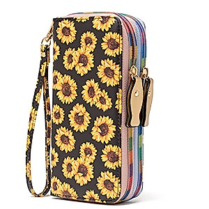 Ecohaso Sunflower Wallets for Women, Girls Wallets Cute Sunflower Pattern, Double Zipper Long Leather Wristlet Clutch Purses with Multiple Card Slots and Removable Wrist Strap for Girls (Sunflower)