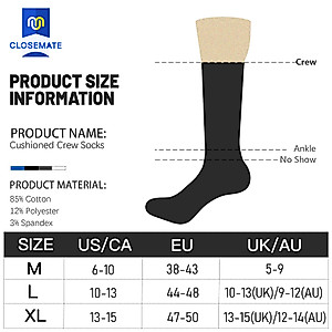 Closemate 6 Pairs Mens Cushion Crew Socks Moisture Wicking Athletic Cotton Socks for Sport Training Work(6White, Size L)