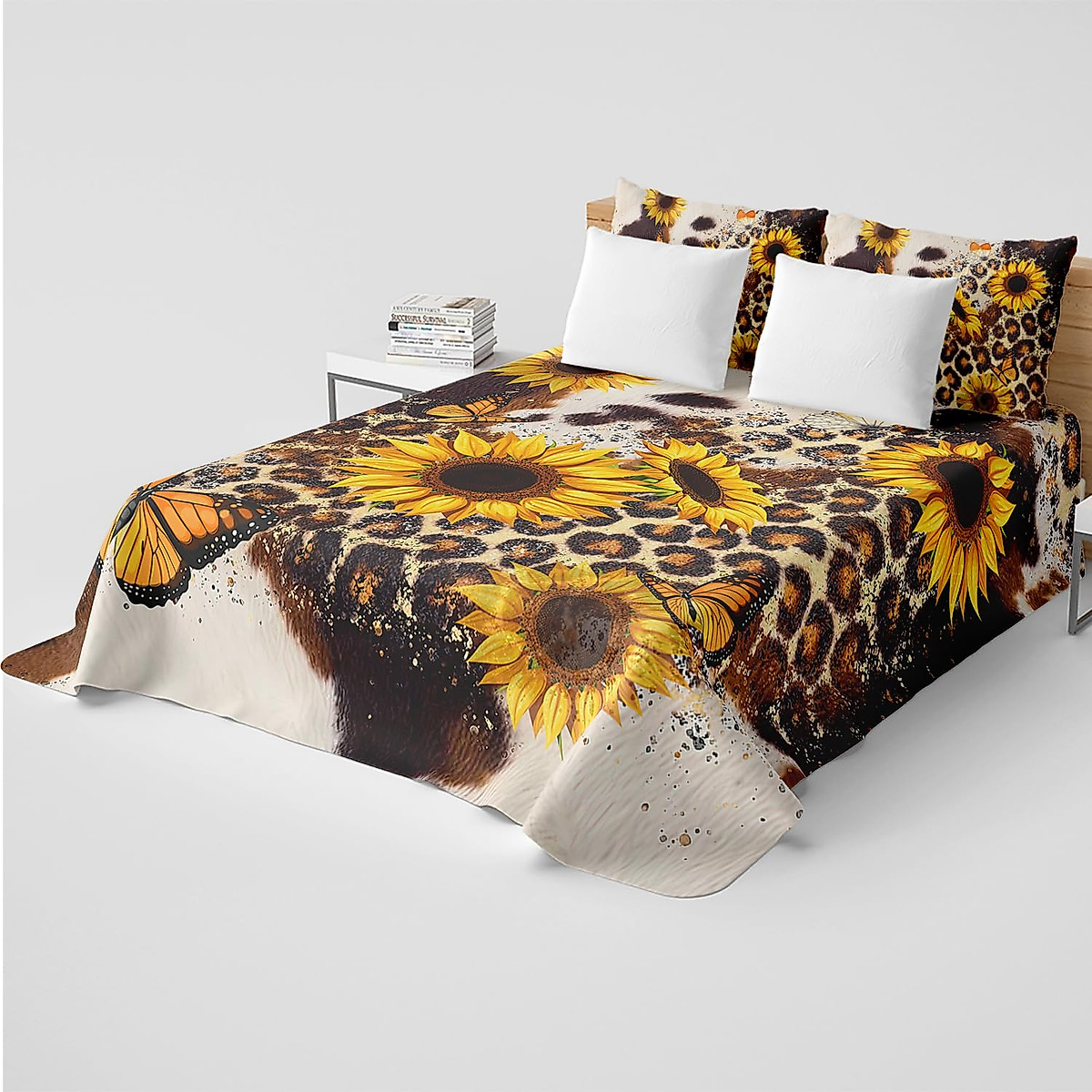 BSNTHO Leopard Print Sheet Set Twin Size 4 Piece, Sunflower Sheets for Girls Boys Kids Teens with 2 Pillowcases and 16" Deep Pocket, Butterfly Bedding Set Microfiber Ultra Soft Skin Friendly