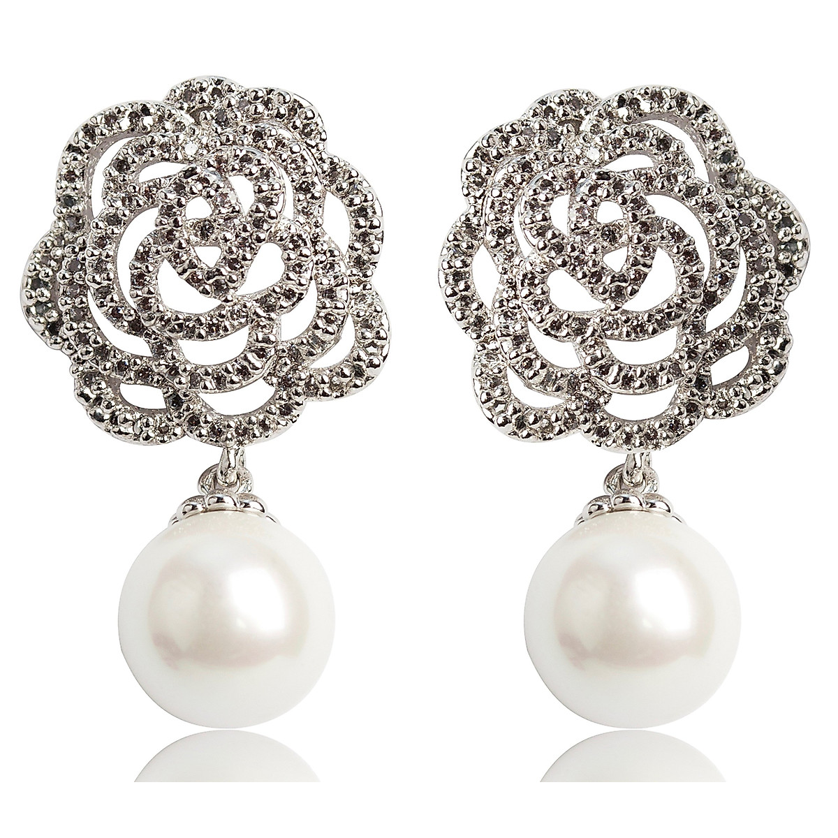 Fashion Designer Rhinestone Camellia Flower Statement Dangle Imitation Pearl Earrings for Women