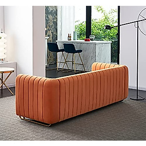 Melpomene Vertical Channel Tufted Velvet Sofa with Round Arm and Gold Metal Legs,Armrest 84.25" W（Orange）