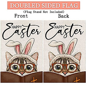 Happy Easter Garden Flag for Outdoor 12x18 Double Sided,Religious Cat with Bible Rabbit Ears Small Yard Flag,Seasonal Decors for Spring Farmhouse Holiday Outside
