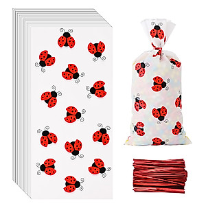 Lecpeting 100 Pcs Ladybug Treat Bags Ladybug Cellophane Candy Bags Plastic Goodie Storage Bags Ladybug Party Favor Bags with Twist Ties for Ladybug Theme Birthday Party Supplies