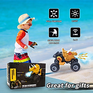 Bravepal Remote Control Stunt Dinosaur Car - 360° Rotation Off Road Monster 2.4 GHz RC Trucks Toy, 2 Rechargeable Batteries RC Car with Sound Effects, Flash Roar Spray and Lights for Boys Girls