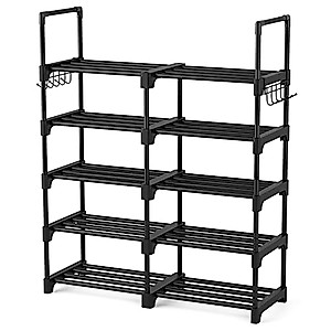 ROJASOP Shoe Rack Organizer for Closet Entryway, 20 Pairs 5-Tier Stackable Shoe Rack Storage Shelf for Hallway Bedroom Garage Dorm Free Standing Shoe Racks with Side Hooks Space Saving Shoe Rack