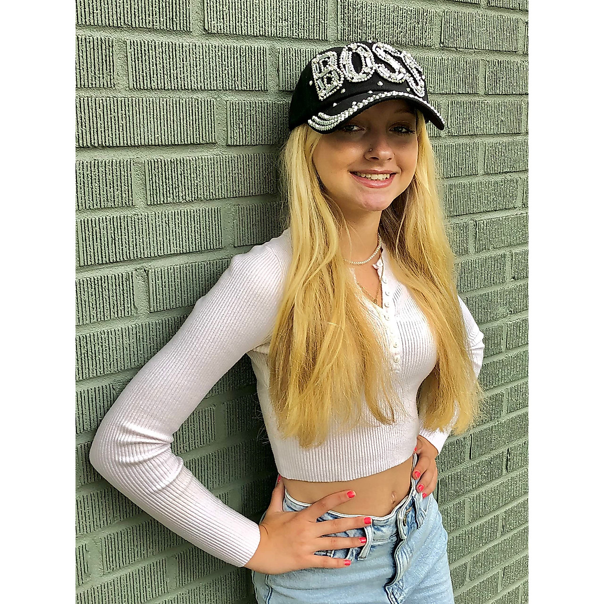 Popfizzy Bling Boss Baseball Cap for Women Rhinestone Hat, Distressed Baseball Caps, Denim Ball Caps (Boss (Black))