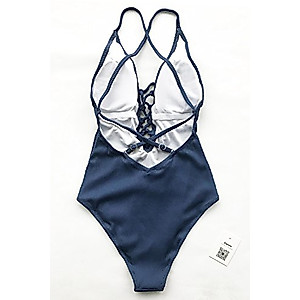 CUPSHE Women's Solid Color V Neck Lace Up One Piece Swimsuit, Blue, XL