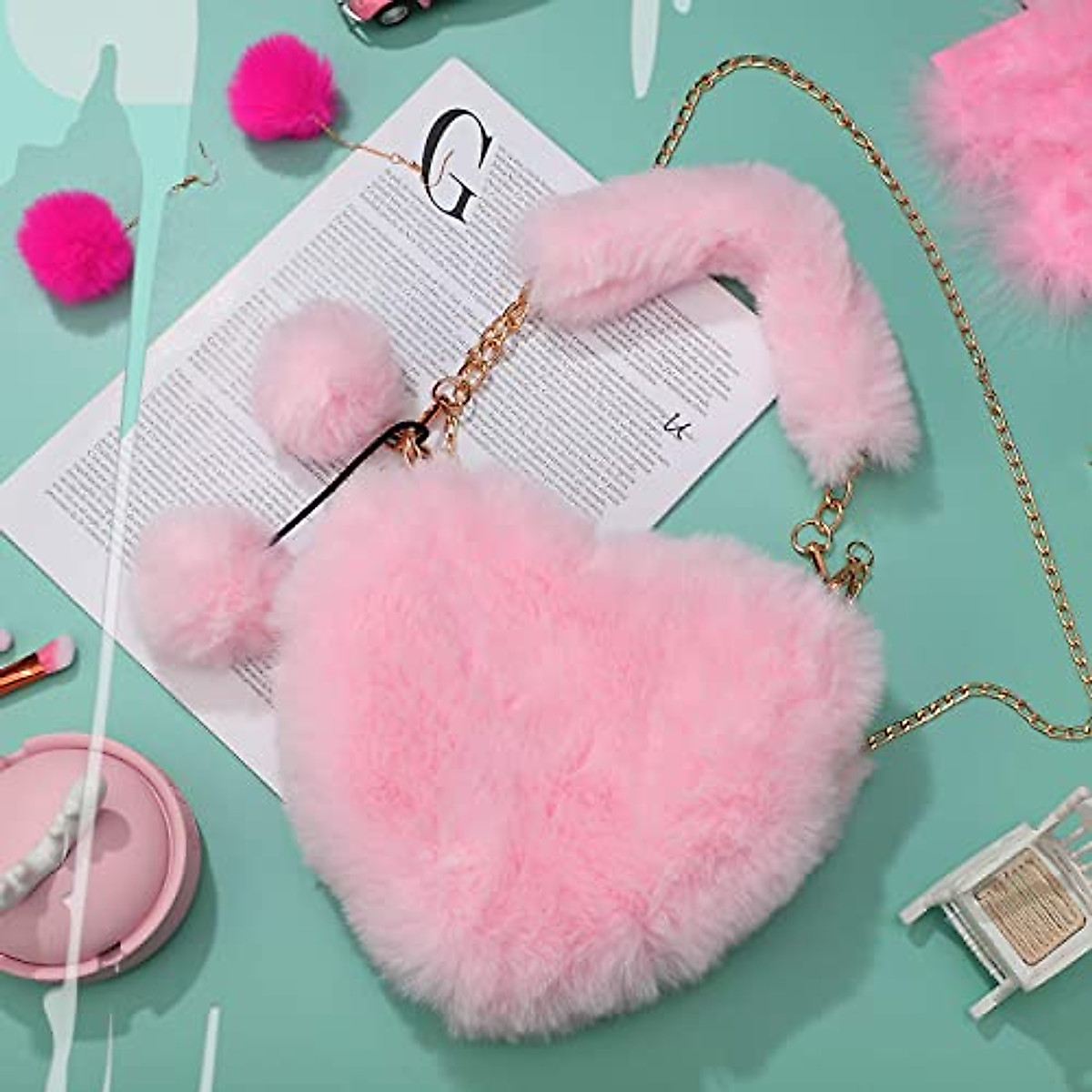 3 Pcs Faux Fur Tank Top Fluffy Heart Handbag Fur Pom Pom Drop Earring Set Furry Purse Pink Crop Tops Gold Chainlink Dangling Earring for Women Girl