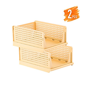 souG 2 Pack (17x 13.2 x 7.3 inch)Stackable Plastic Storage Basket-Foldable Closet Organizers Storage Bins, Perfect for Kitchen, Office, Bedroom & Bathrooms(Yellow)