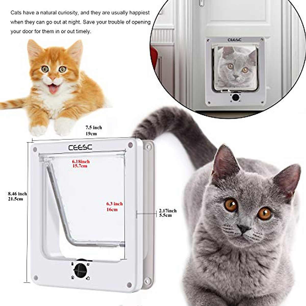 CEESC Cat Doors, Magnetic Pet Door with Rotary 4 Way Lock for Cats, Kitties and Kittens, Upgraded Version (Medium, White)
