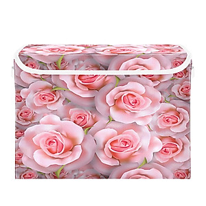 DIGTIA Pink Roses Storage Bins with Lids Large Valentines Day Flower Storage Basket with Handles Foldable Fabric Storage Box Organizer for Clothes Toys Closet Cabinet Home Office Bedroom