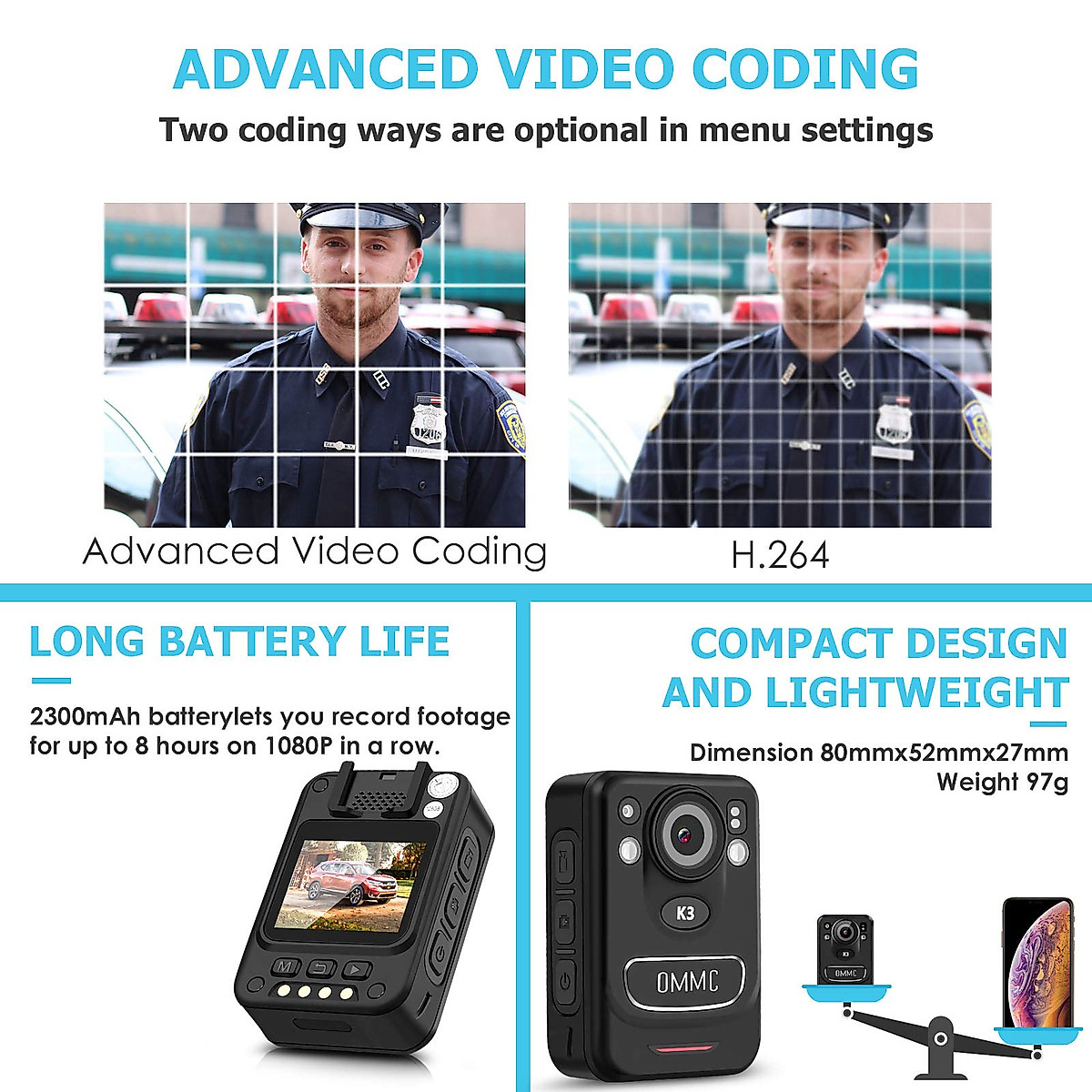 OMMC K3 1440P HD Police Body Camera,Portable Body Camera with with Audio Recording Wearable,Night Vision, 128G Memory Body Worn Camera for Law Enforcement,Personal Use