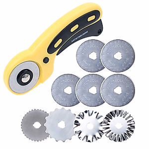 AUTOTOOLHOME 45mm Rotary Cutter Set with 9 Pack Replacement Rotary Blades Skip Rotary Blades Pinking Rotary Blades for Sewing Fabric Leather Quilting Cutter Paper Perforating Tool
