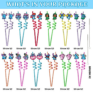 24Pcs Party Favors Reusable Drinking Straws, 12 Designs Cartoon Birthday Party Supplies with 2 Cleaning Brush