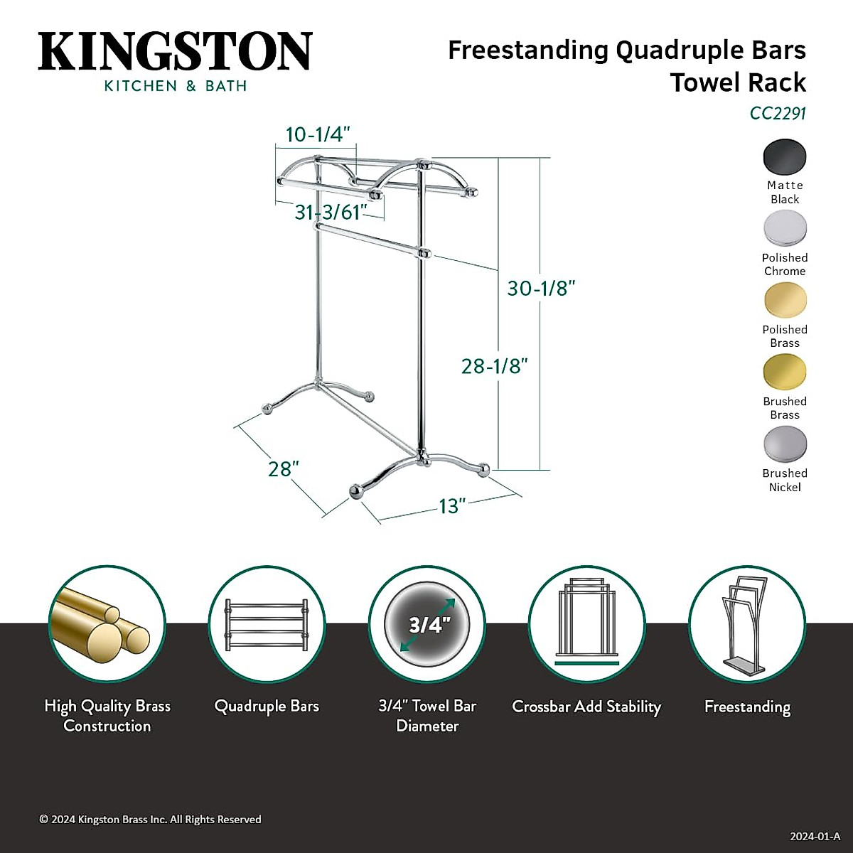 Kingston Brass CC2291 Vintage Freestanding Towel Rack, 29-1/2-Inch Height, 28-Inch Width, Polished Chrome