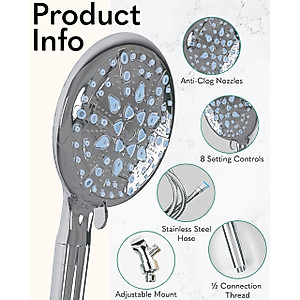 Veken Shower Head with Handheld, 9 Spray Modes Showerhead, High Pressure Water Flow, Multi Sprayer Function Rainfall, Extra 70'' Long Hose Extension, Adjustable Rain Heads Chrome