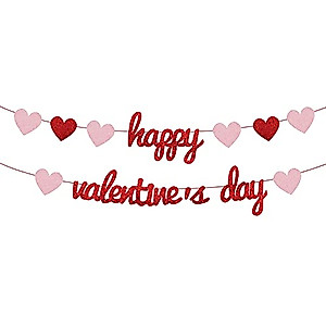 Happy Valentines Day Banner, Glittery Heart Banners Garland Use for Valentine's Day Anniversary Wedding Engagement Party Home Decorations