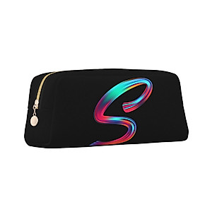 Cute Initial Pencil Case for Kids Simple Leather Pencil Pouch for Boys Girls Letter Design Pencil Box Pen Bag Pencil Pouch Office Stationery Organizer, Rainbow Letter S