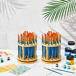 Beeveer 2 Pieces 360 Rotating Paint Brush Holder 40 Holes Wooden Paint Brush Organizer Large Capacity Paint Brush Holder for Artist Paint Brush Storage for Desk Arts Crafts Supply Organizer