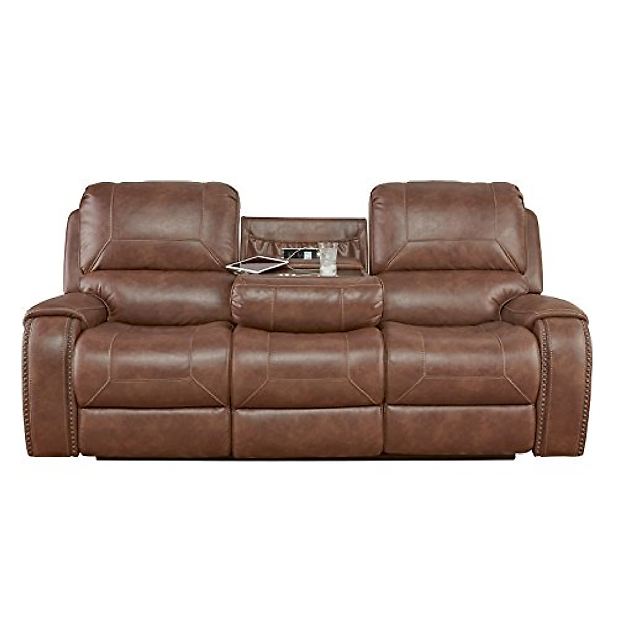 Roundhill Furniture Achern Leather Air Nail head Manual Reclining Sofa with Storage Console, Brown