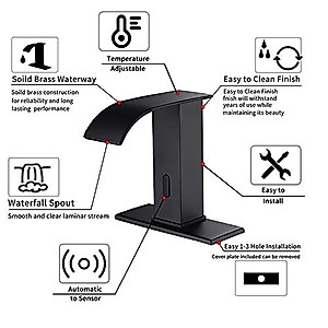 GGStudy Automatic Sensor Matte Black Touchless Bathroom Sink Faucet with Hole Cover Plate Vanity Faucets Hands Free Waterfall Bathroom Water Tap with Control Box and Temperature Mixer