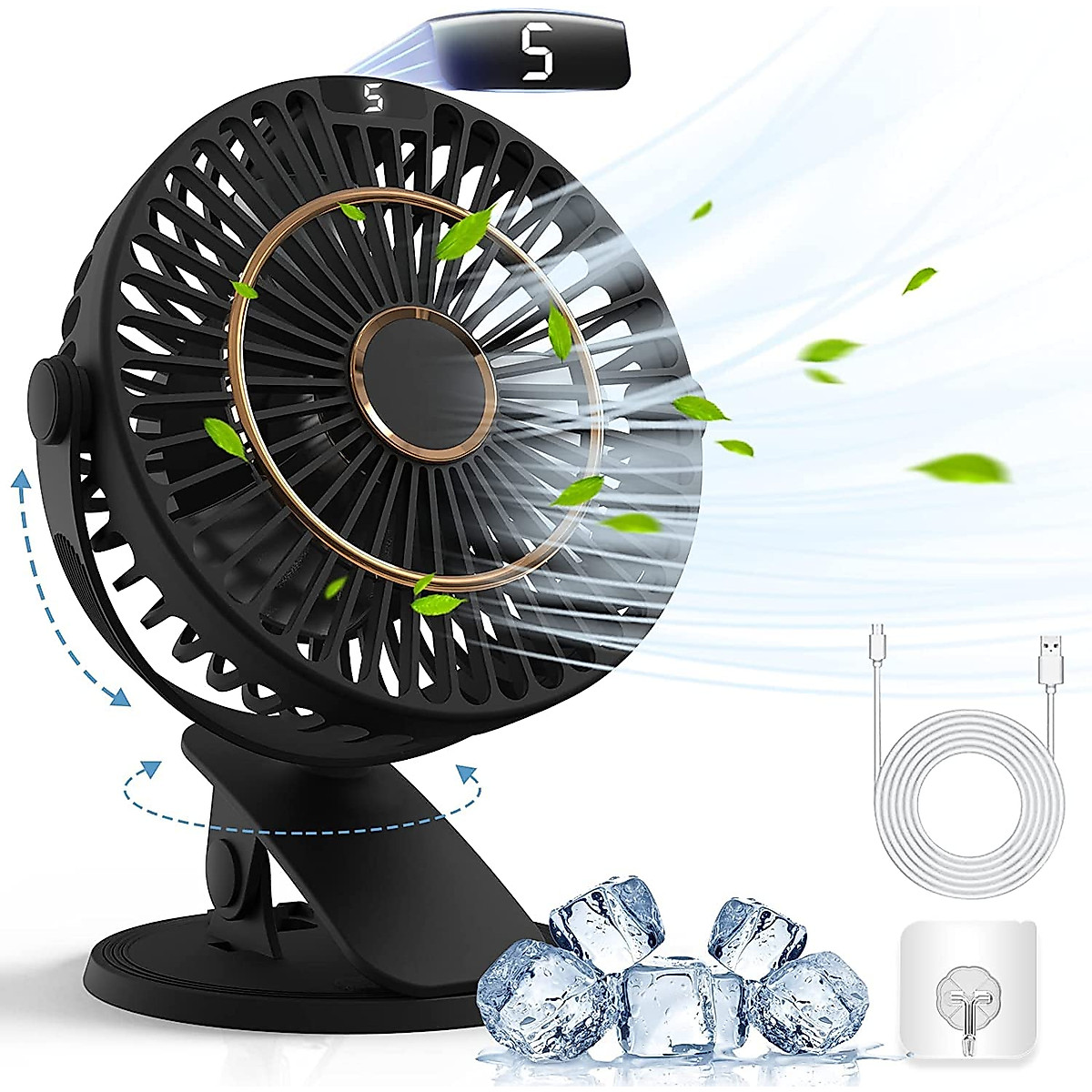 JUMGREEN 5 Speeds Clip on Fan Rechargeable - Mini USB Portable Desk Fan with Clip, LED Display Powerful Silent Table Fan, 720°Flexible Rotation for Bed, Home, Stroller, Sport, Camping (Black)