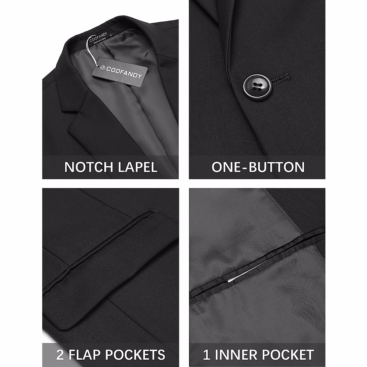 COOFANDY Men 2 Piece Suits One Button Blazer Jacket Tuxedo Slim Fit Suit Pant Black