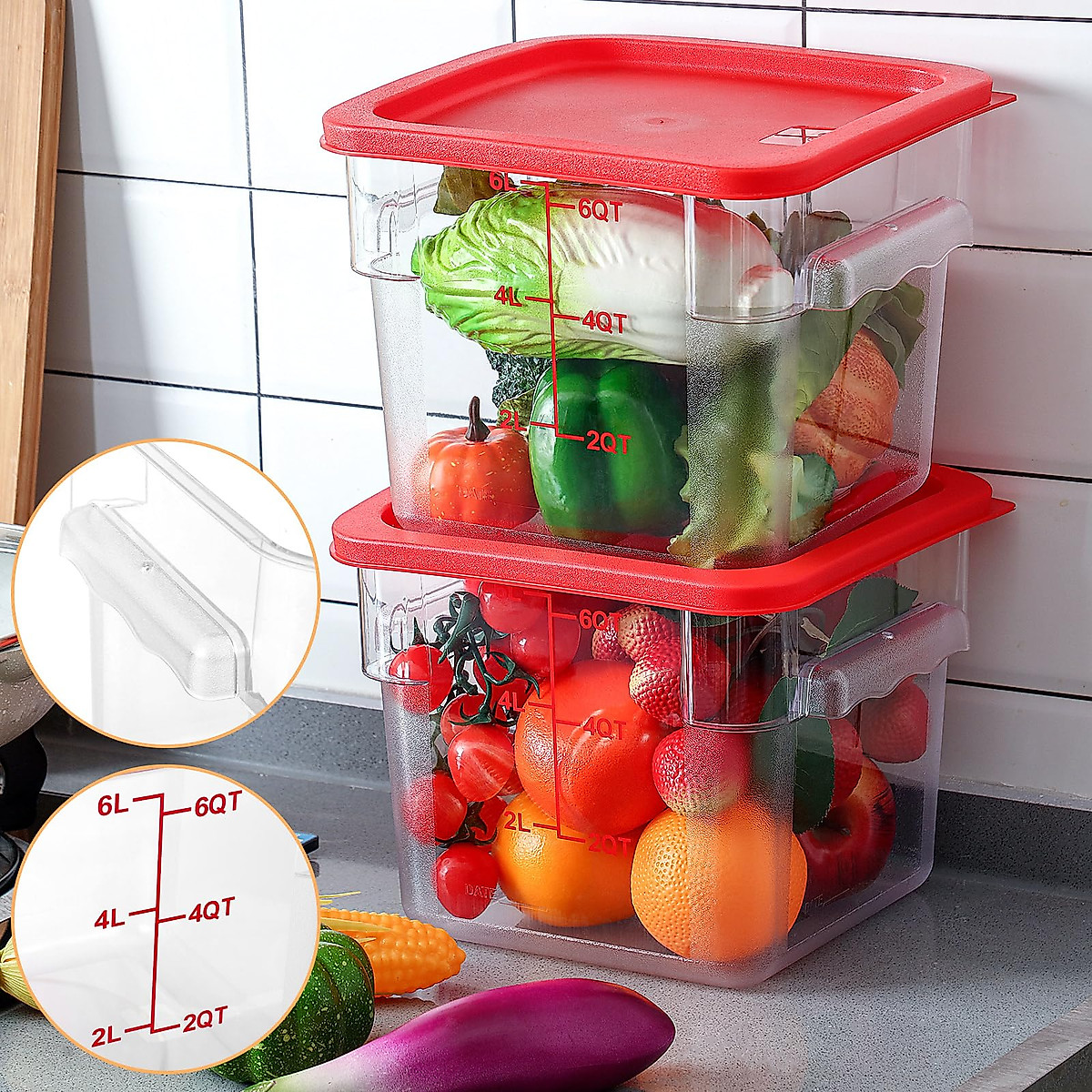 Ziliny 3 Sets 6 Qt Square Food Storage Containers with Lids Commercial Polycarbonate Containers with Scale Clear Airtight Cereal for Pantry Home Restaurant