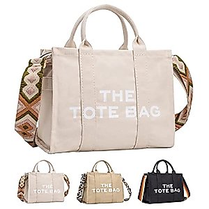 The Tote Bags for Women Travel Handbag Canvas Shoulder Bag with Zipper Crossbody Purse for Office, Travel, School (White)