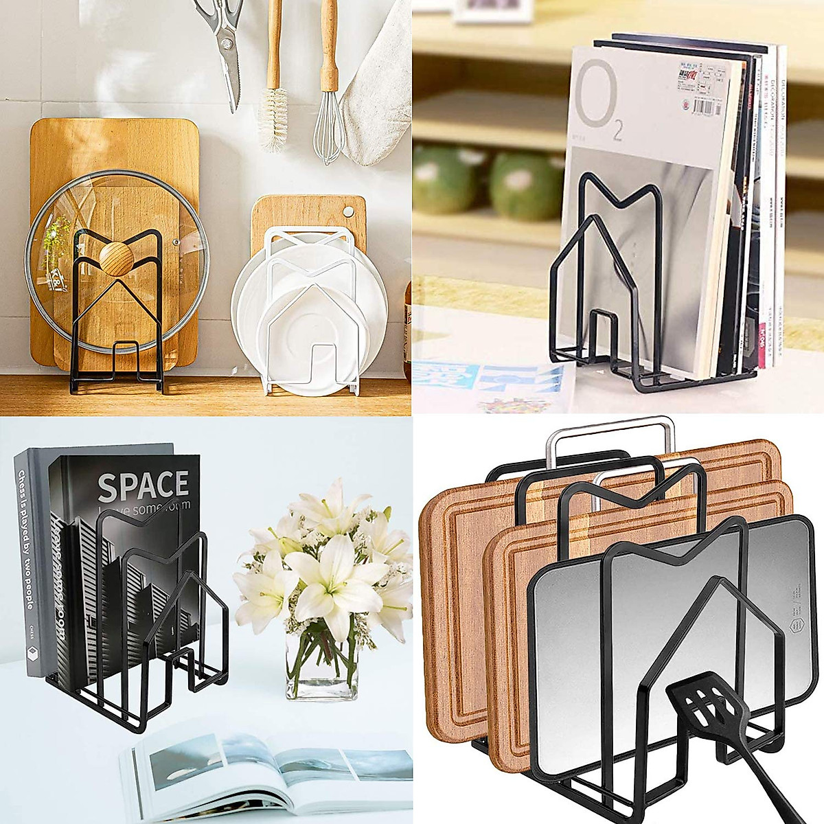 Kitchen Bakeware Pot Lid Rack Holder, 4 Slots Multifunctional Kitchen Organizer Metal Storage Shelf for Cookware, Chopping Cutting Board, Counter Cabinet, Plates, Dishes