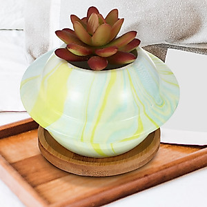 African Violet Pots Ceramic Succulent Planters with Drainage 1 Set Round Ceramic Bonsai Pot Shallow Flower Pot with Wood Tray Floral Planter Bowl for Home Office Garden Green Home Decor