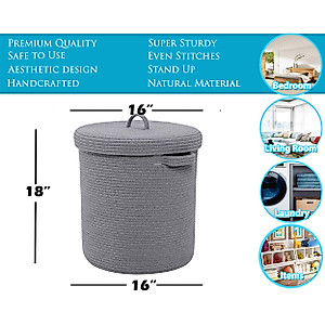 16" x 16" x 18" Extra Large Storage Basket with Lid, Cotton Rope Storage Baskets, Laundry Hamper, Cloth Bin, for Clothes Towels Blankets Pillows Storage in Living Room, Large Basket Grey with Cover