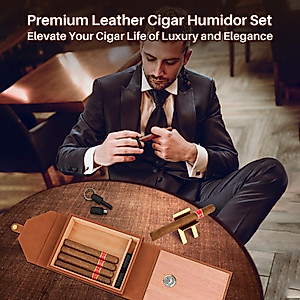 Premium Leather Cigar Humidor Set - Cedar Wood Liner, with Gold Cigar Holder, Embedded Gold Hygrometer, V Cigar Cutter & Punch, Humidifier, Precious Travel Cigar Case for Birthday Gift, Festival