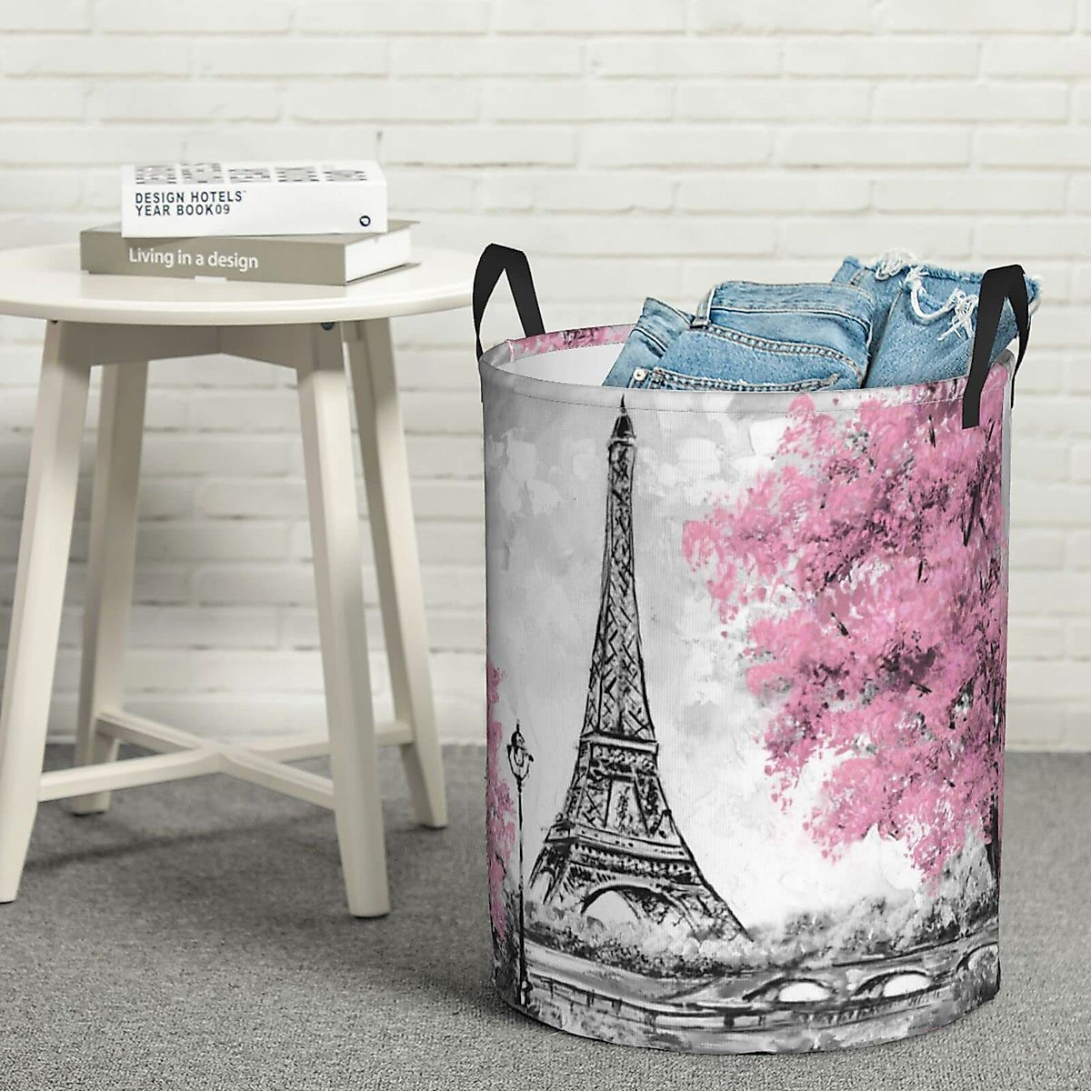 Gbuzozie 38l Round Laundry Hamper Retro Paris Eiffel Tower Storage Basket Waterproof Coating Organizer Bin For Nursery Clothes Toys
