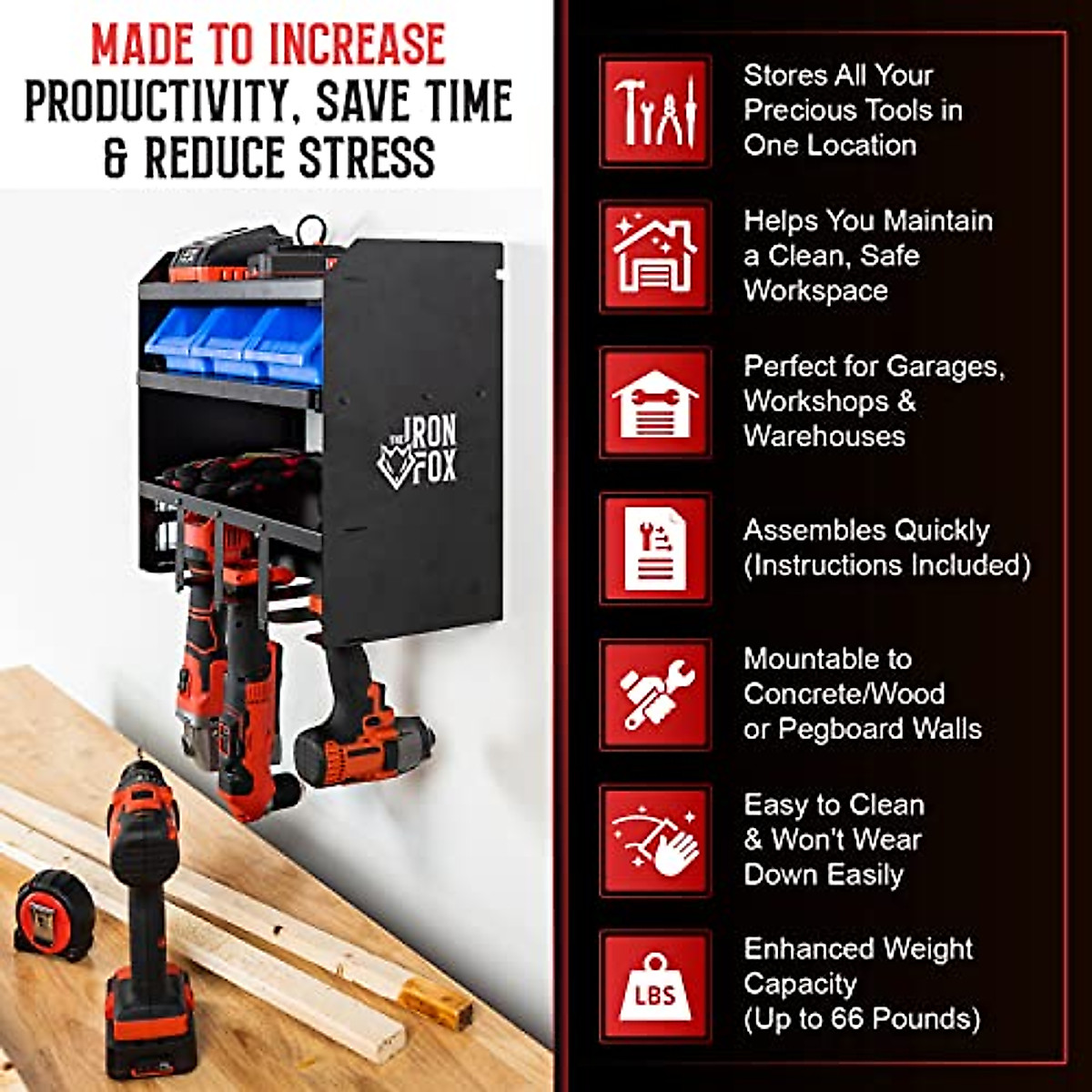 3-Tier Power Tool Organizer Wall Mount Design - Drill Holder Power Tool Storage Rack Holds Cordless Drills, Tools, Batteries, Chargers & More | Heavy Duty Drill Rack Made from Powder Coated Steel