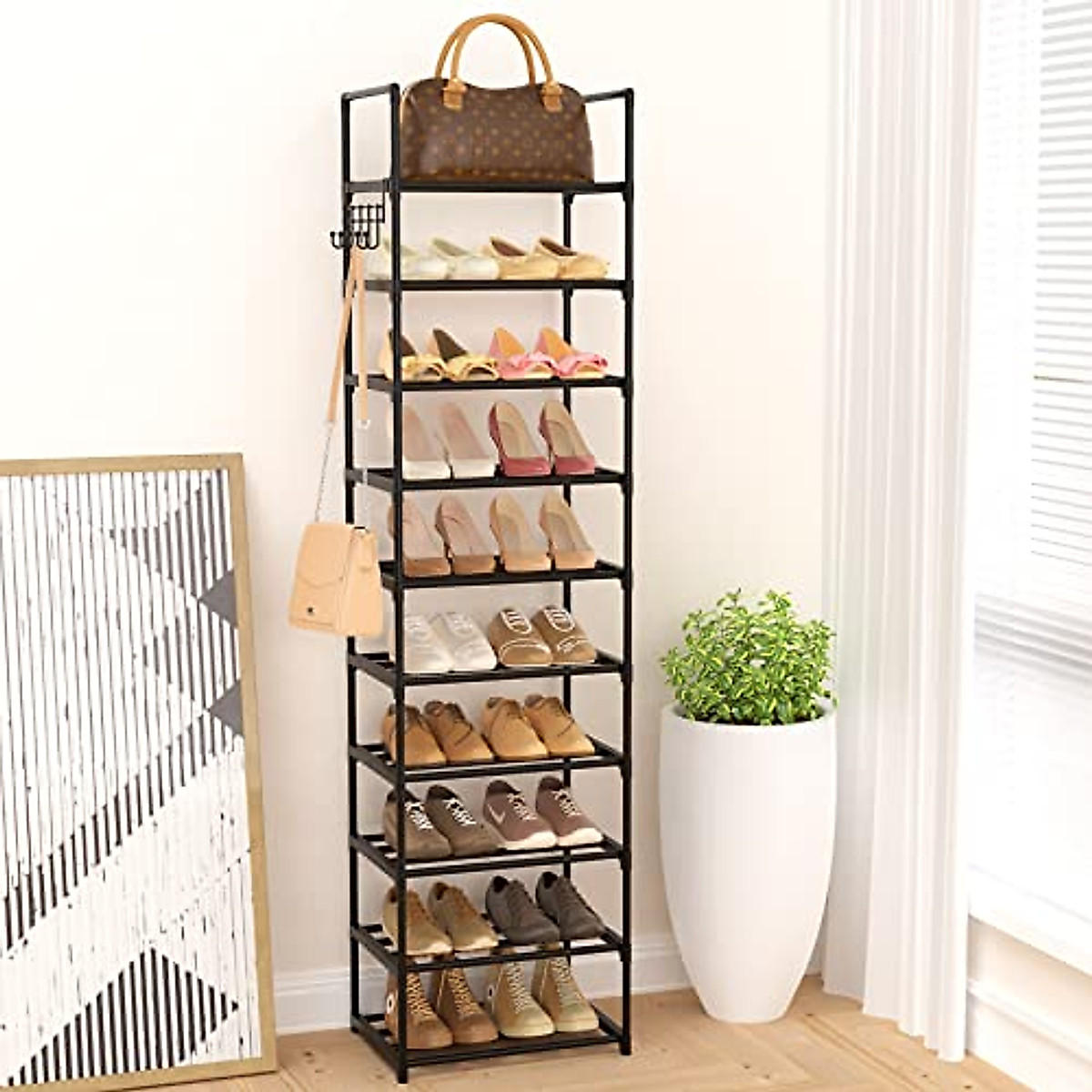 WEXCISE Narrow Shoe Rack 10 Tiers Tall Shoe Rack for Entryway 20-24 Pairs Shoe and Boots Organizer Storage Shelf Space Saving Large Shoe Tower Durable Black Metal Stackable Shoe Cabinet with Hooks